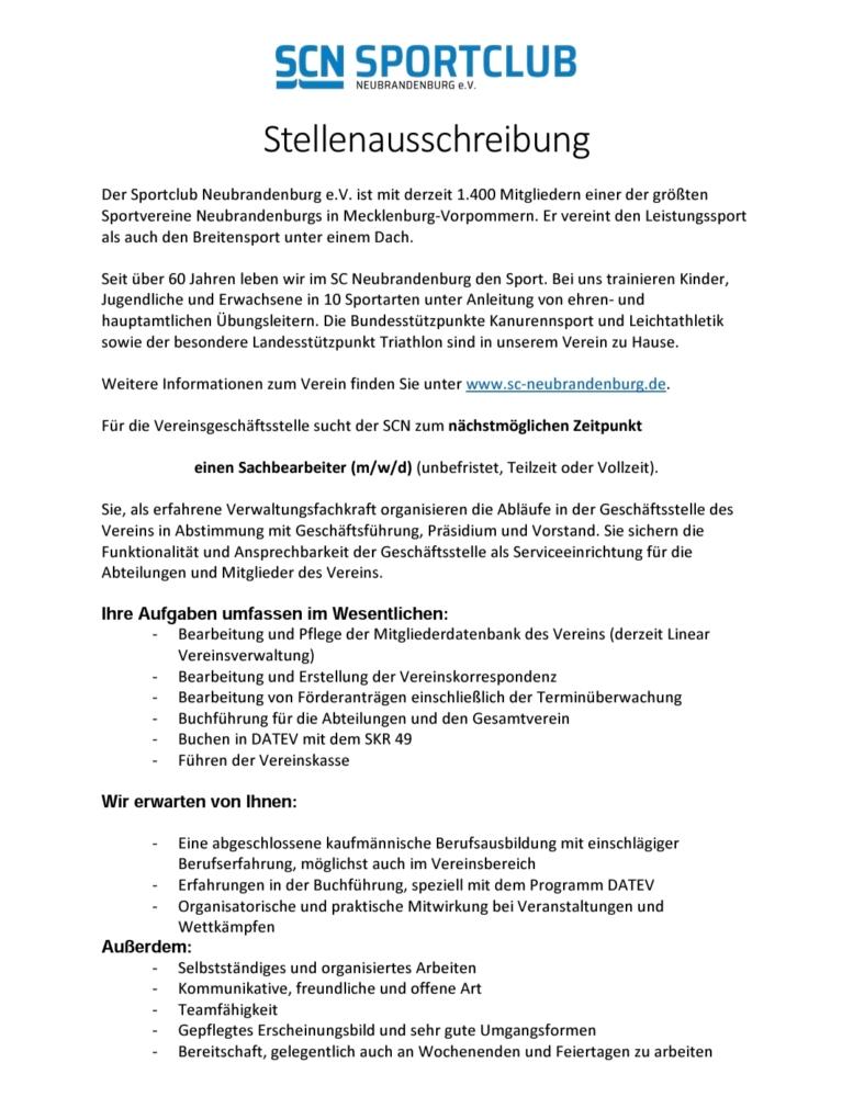 Stellenausschreibung Sachbearbeiter (m/w/d) - Sportclub Neubrandenburg e.V. Stellenausschreibung Sachbearbeiter (m/w/d) - Sportclub Neubrandenburg e.V.